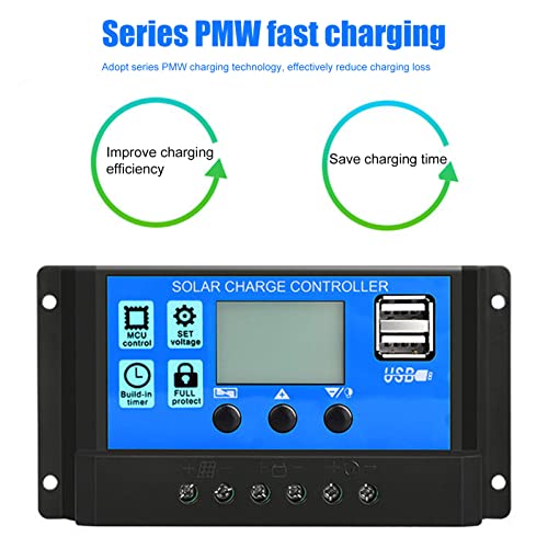 DOACT Solar Panel Charge Controller, 12V 24V Automatic Identification Overload Protection LCD Display Solar Charge Controller for Phone (30A 12V/24V)