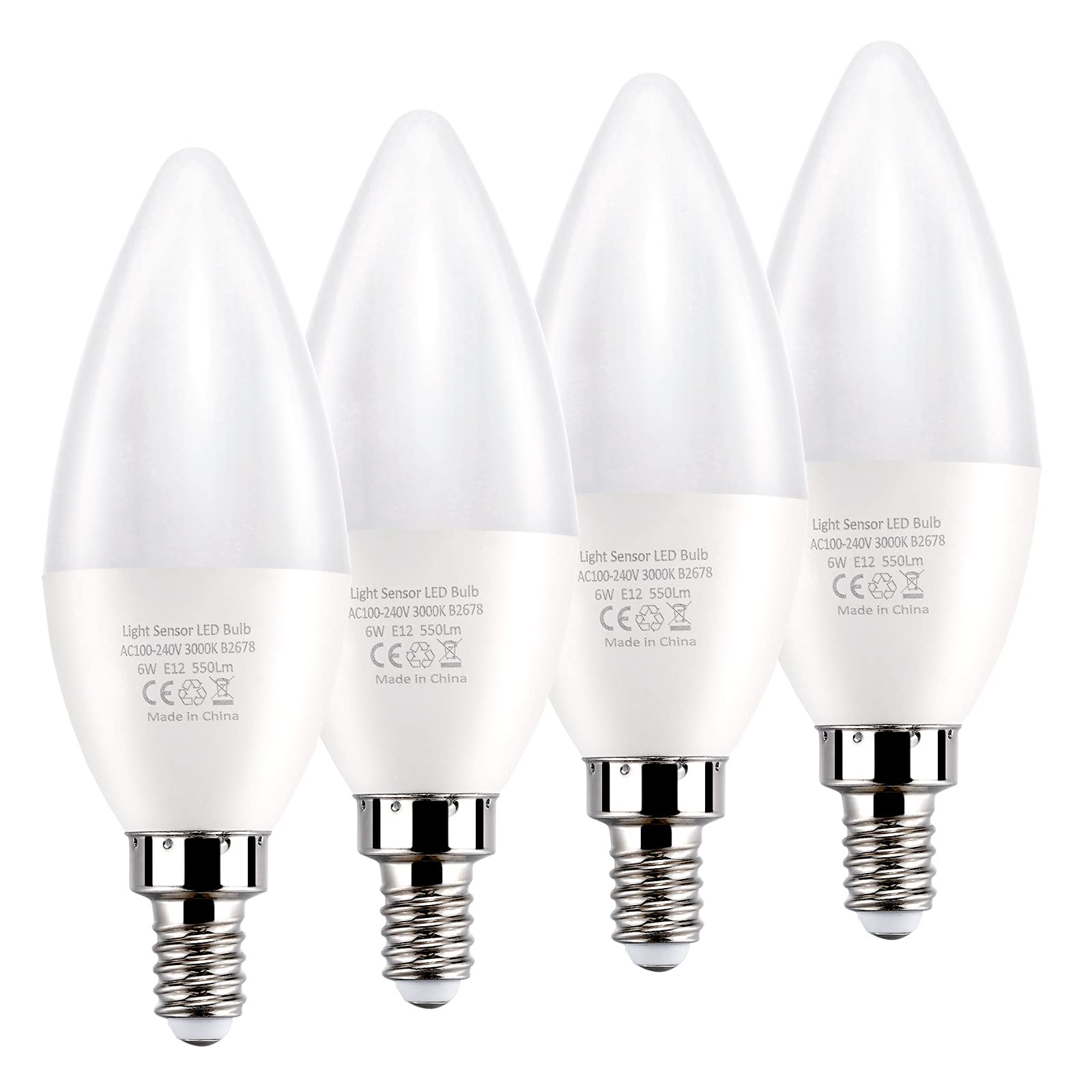 Dusk to Dawn Night Light Bulbs 6W E12 Light Sensor Bulb 3000K 60w Equivalent LED Bulb E12 LED Candelabra Bulb Base,Auto On and Off for Home,Outdoor,Yard Light,Warm White (2 Pack)