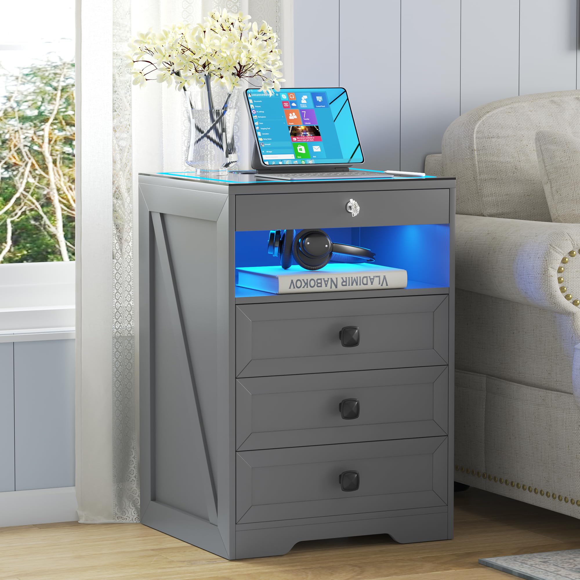 Lvifur RGB Nightstand with Gun Drawer, Glass Top Bedside Table with Wireless Charger Station, LED Night Stand with Human Sensor Design, Modern End Table for Bedroom Living Room (White)