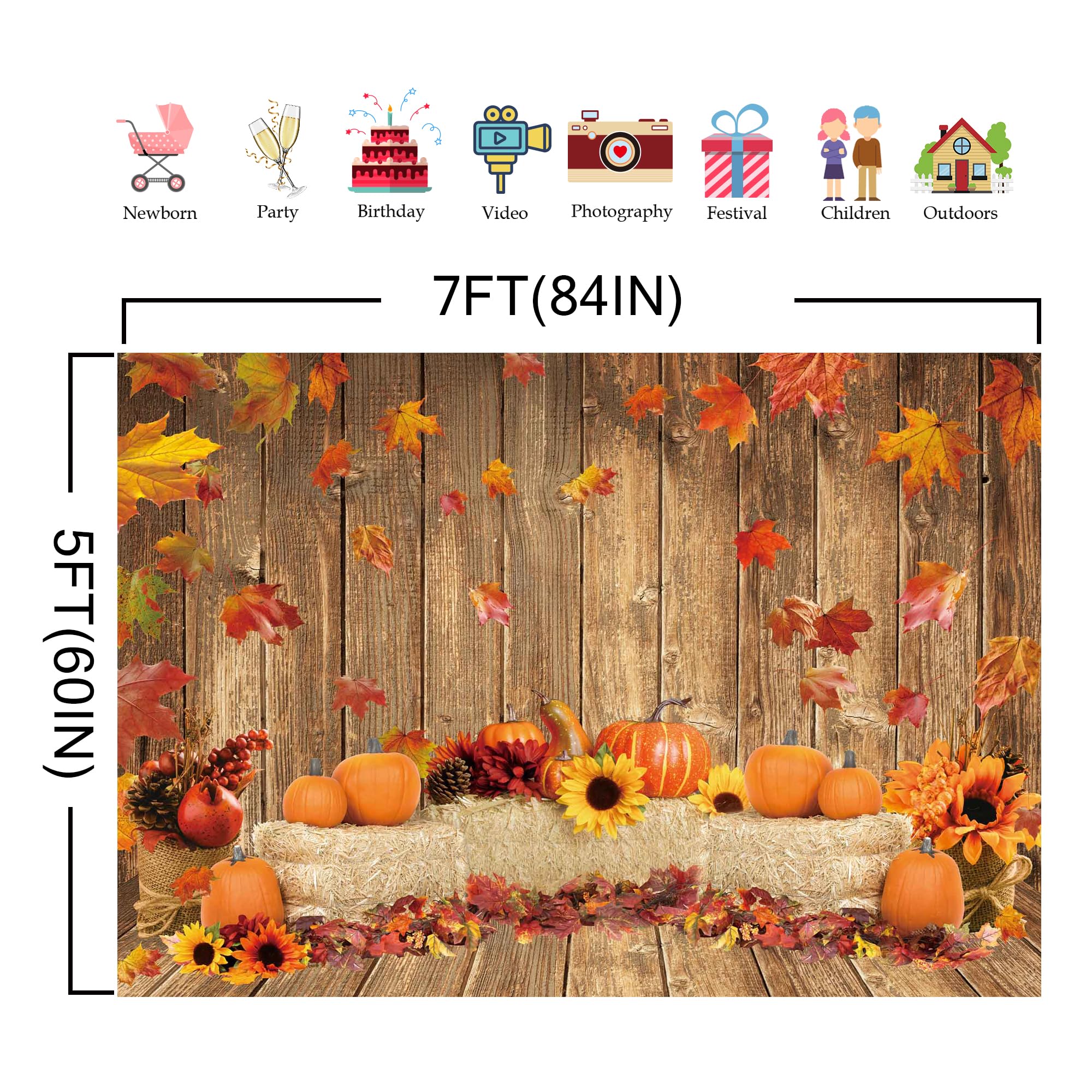 Fluzimir 7x5FT Fall Photo Backdrop Autumn Thanksgiving Day Wooden Pattern Maple Leaves Pumpkin Background for Photography Friendsgiving Party Decorations Harvest Event Banner Decor