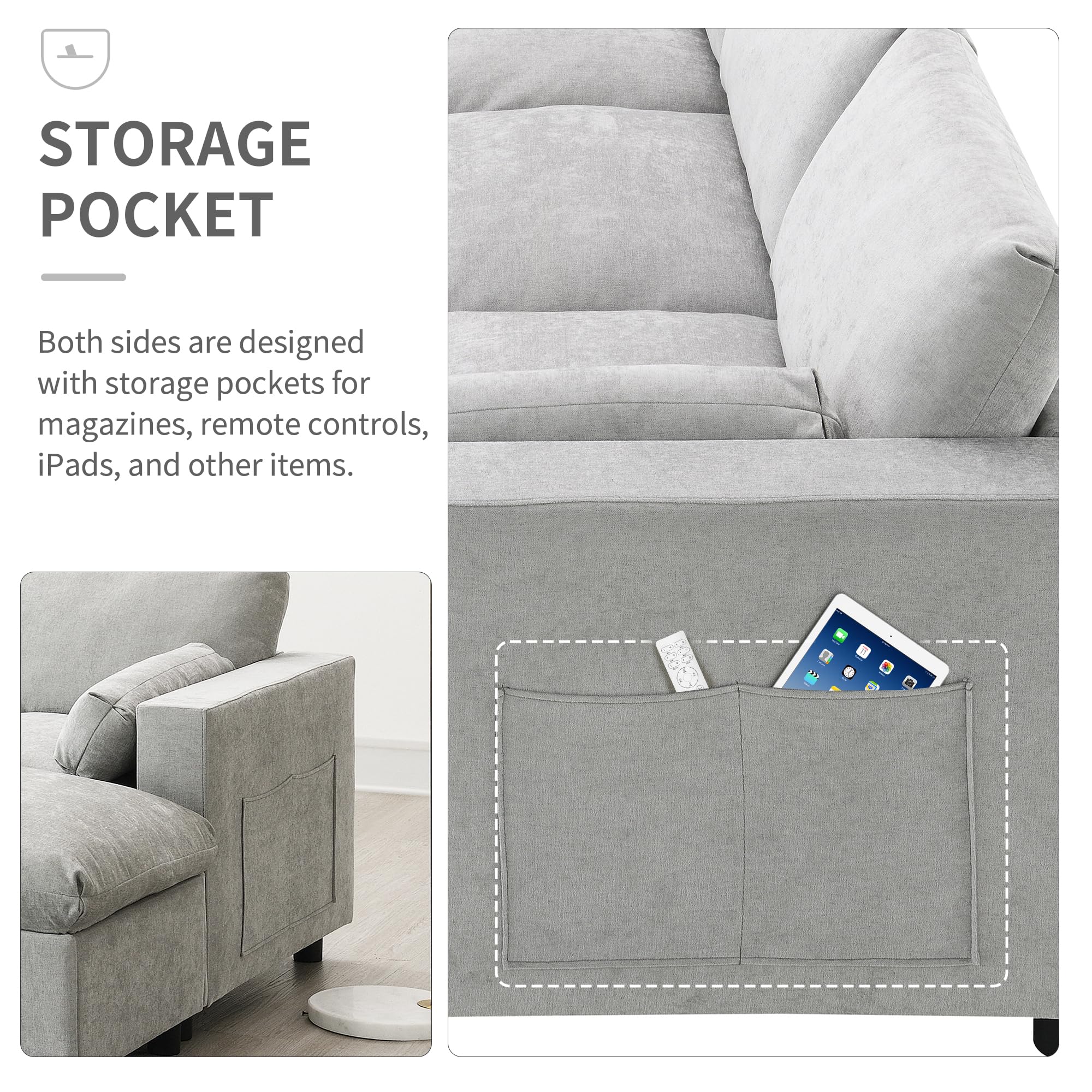 Merax 86.5" Sectional Sofa with Storage Pockets & Removable Ottomans, 5 Seat U Shaped Sleeper Cloud Couch Set, Convertible L-Shaped Chenille Upholstered SofaBed for Living Room and Apartment, Grey