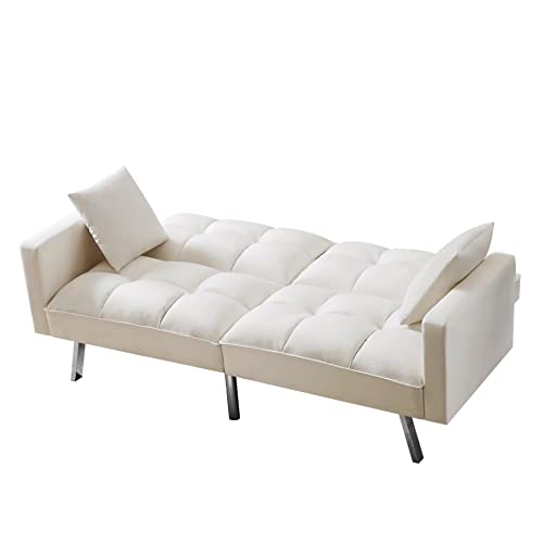 LCH Modern Tuft Futon Couch Convertible Loveseat Sleeper Reclining Sofa Bed Twin Size with Arms and 2 Pillows for Living Room, Beige