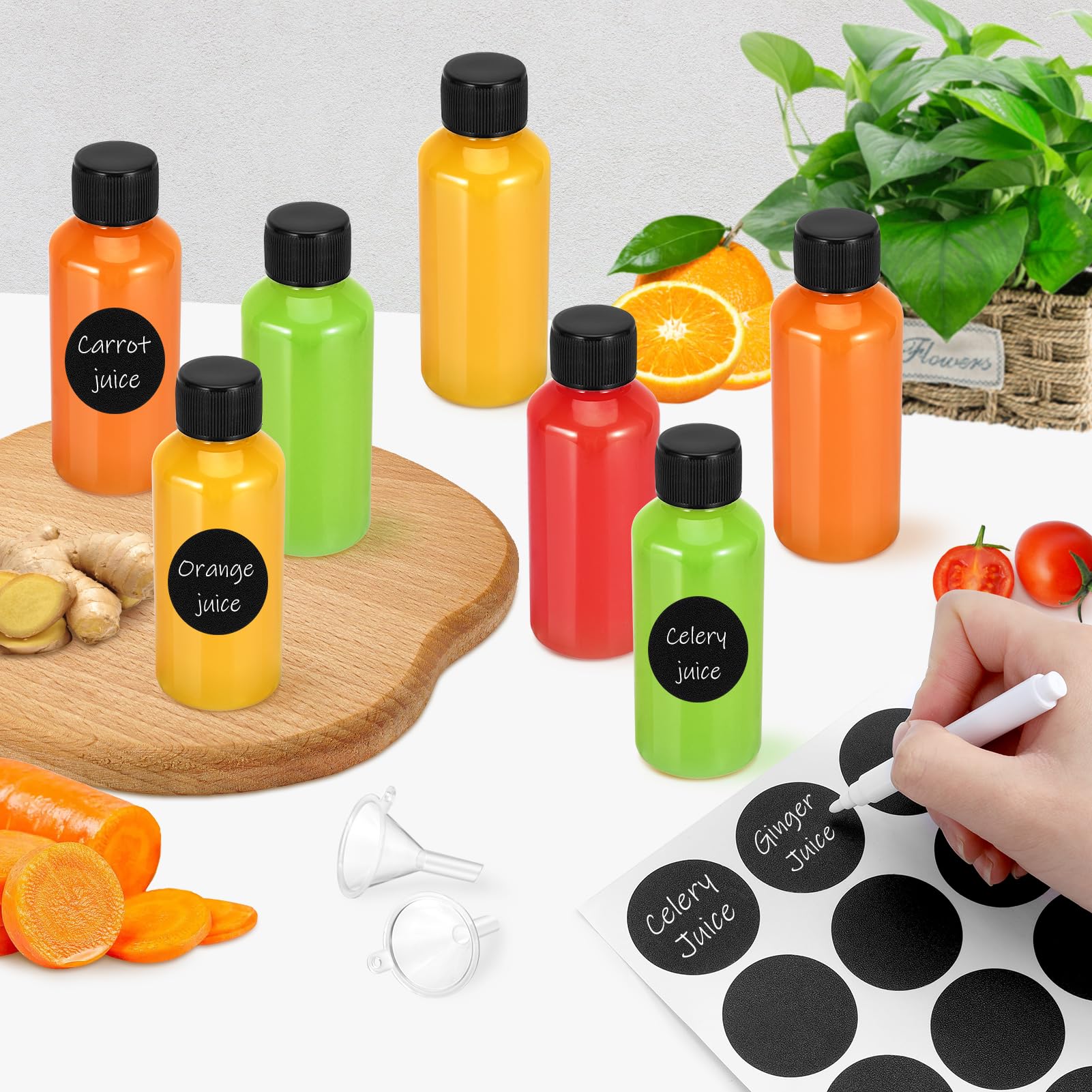 JuneHeart 2 oz Shot Bottles with Caps, 16 Pack Mini Reusable Plastic Ginger Shots Bottles Leakproof Juice Shot Bottles with Lids for Homemade Juice, Oil, Liquid Samples