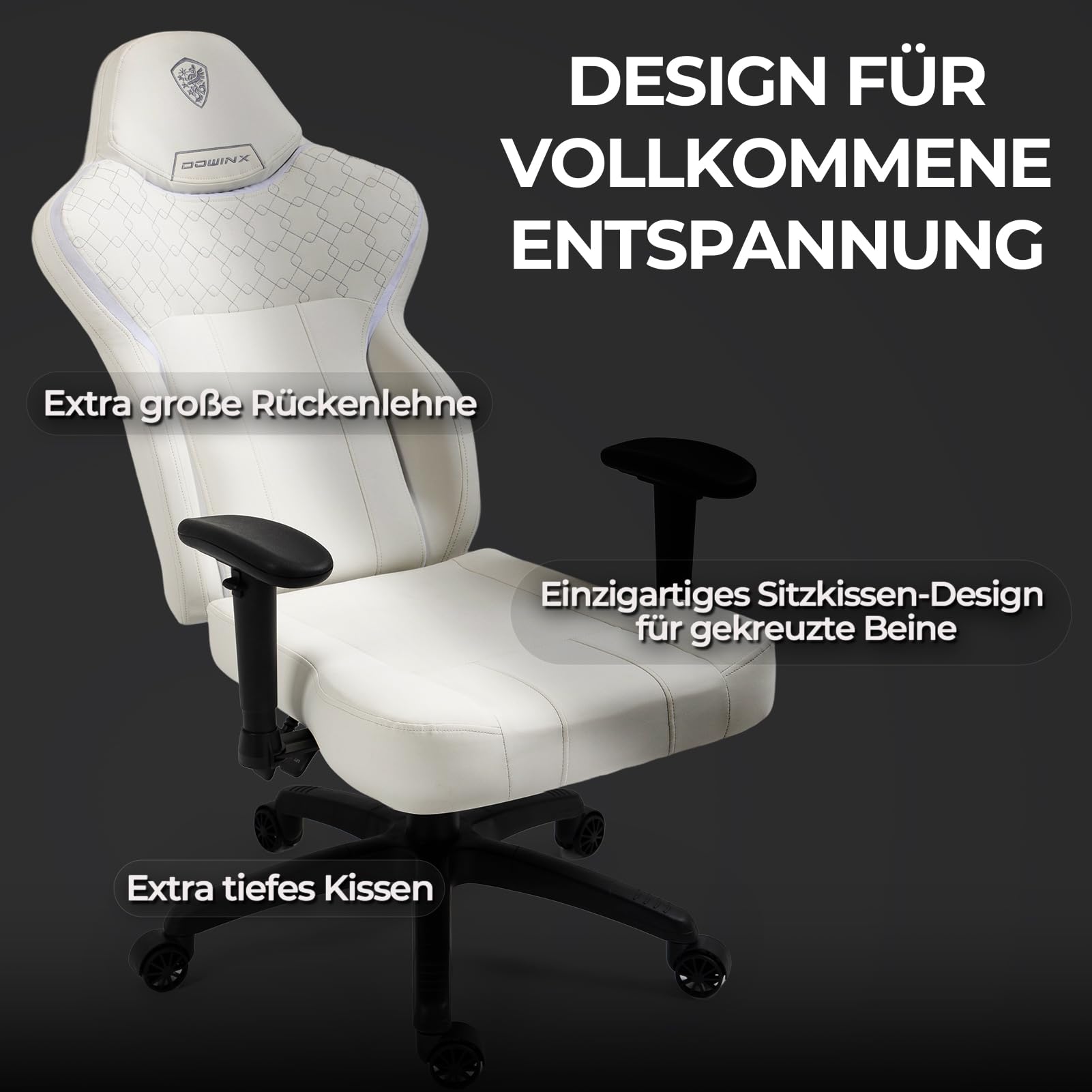 Dowinx Cross Legged Gaming Chair with Gravity Locking Wheels, High Back PU Leather Computer Chair for Heavy People, Big and Tall Game Chair with Lumbar Support(White)