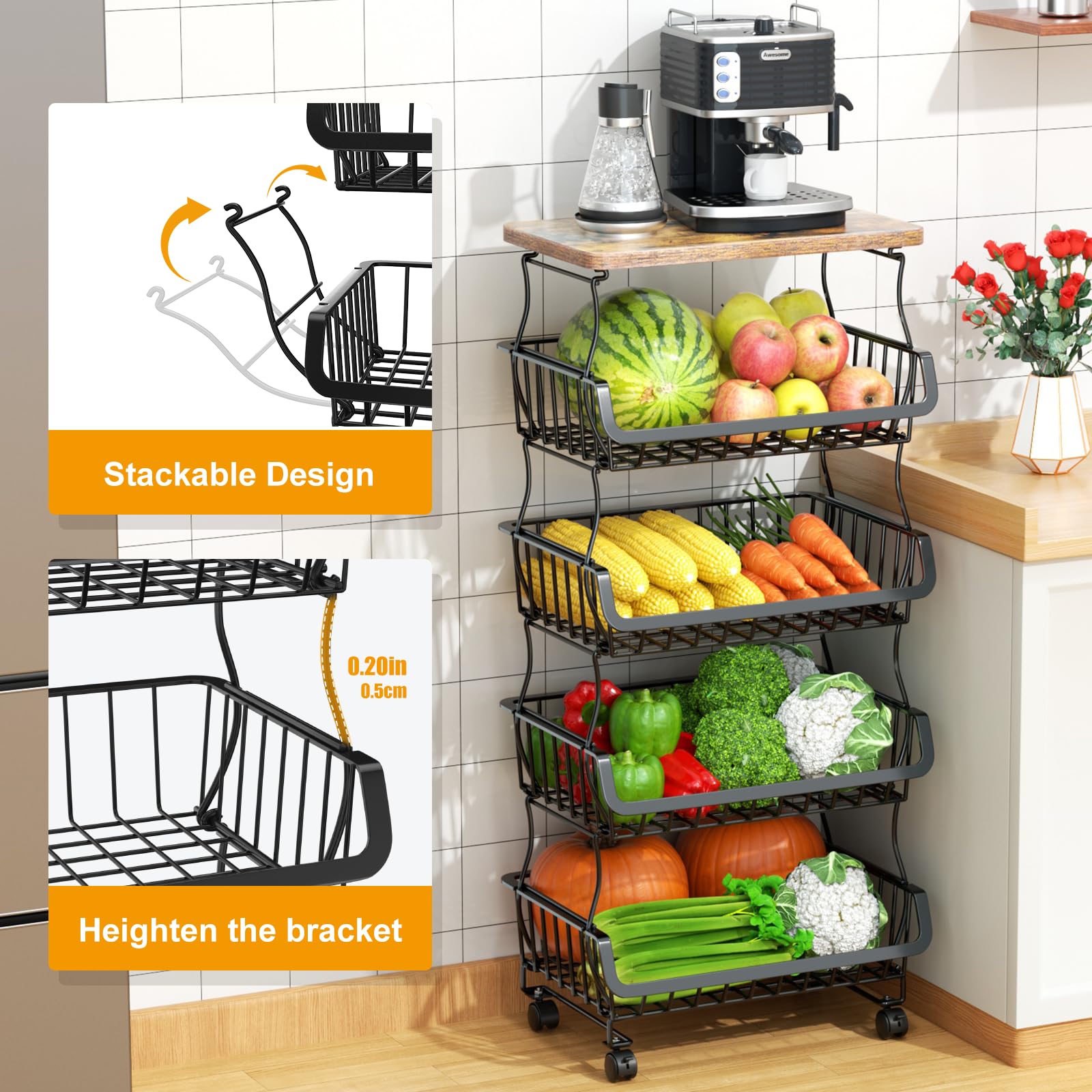 Gsiekare Fruit Vegetable Basket for Kitchen, 5 Tier Stackable Fruit Vegetable Storage Baskets with Wheels, Metal Wire Storage Basket Organizer Cart for Kitchen, Pantry, Bathroom