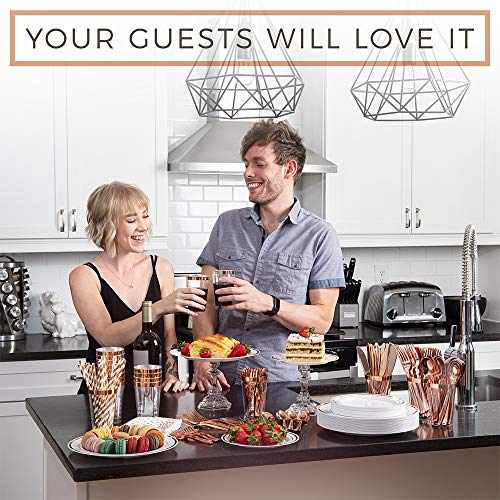 SIRSIMON 250 Piece Disposable Rose Gold Plastic Dinnerware Set - 50 Rose Gold Plastic Plates - 25 Rose Gold Plastic Silverware - 25 RoseGold Cups and Straws - 50 Fancy Napkins, Wedding or Party of 25