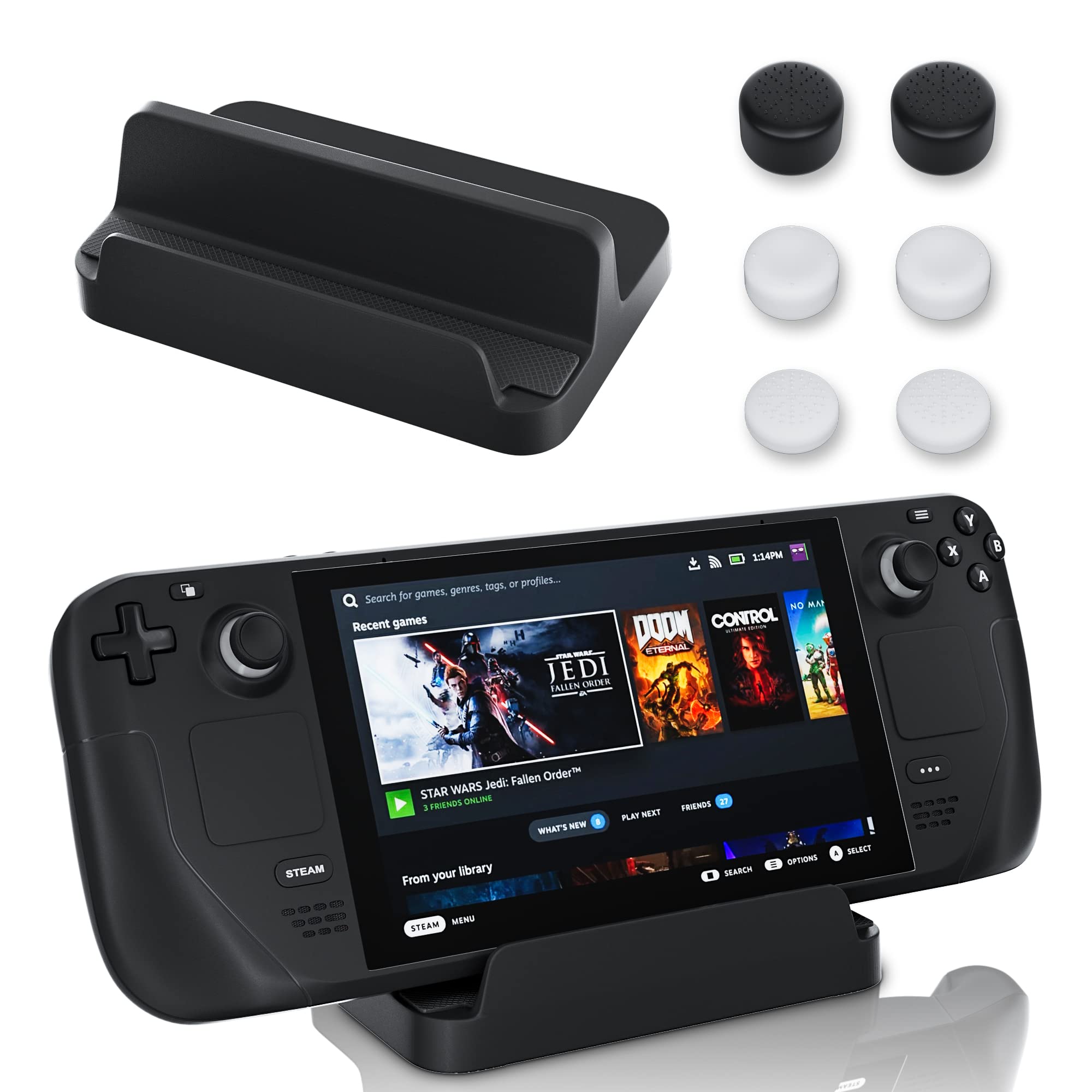 GLDRAM Stand Dock Compatible with Valve Steam Deck 2021, Black Stand Base for Steam Deck with 6 Thumb Caps, Sturdy Metal Dock, Non-slip Silicone Pads, Stand for Steam Deck, Switch, Phone