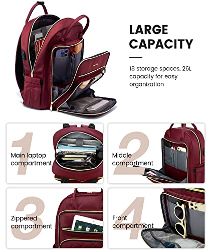LOVEVOOK Laptop Backpack for Women, 15.6 Inch Computer Backpack for Teacher Nurse with Water Resistant, Lightweight Travel Work Backpack with USB Charging Port, Quilted Commuter Backpack purse, Wine