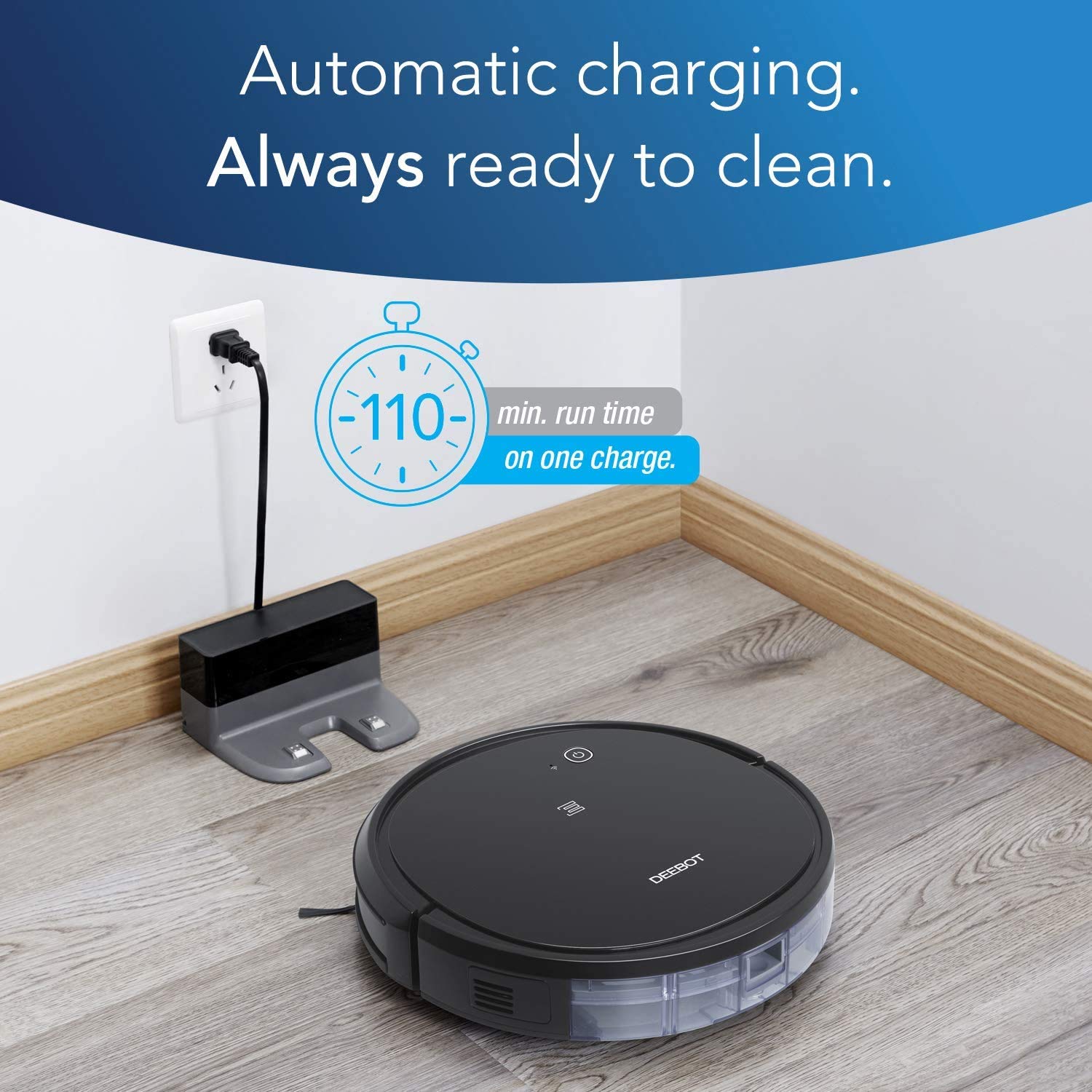 Ecovacs DEEBOT 500 Robot Vacuum Cleaner with Max Power Suction, Up to 110 min Runtime, Hard Floors and Carpets, Pet Hair, App Controls, Self-Charging, Quiet, Large, Black (Renewed)