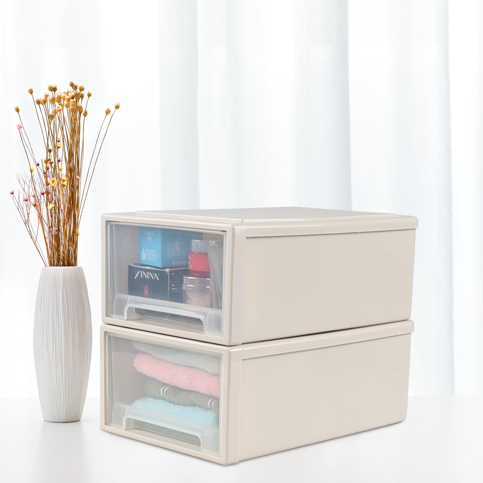 Neadas 13 Quarts 3 Packs Plastic Stacking Storage Drawers, Plastic Storage Drawer Unit