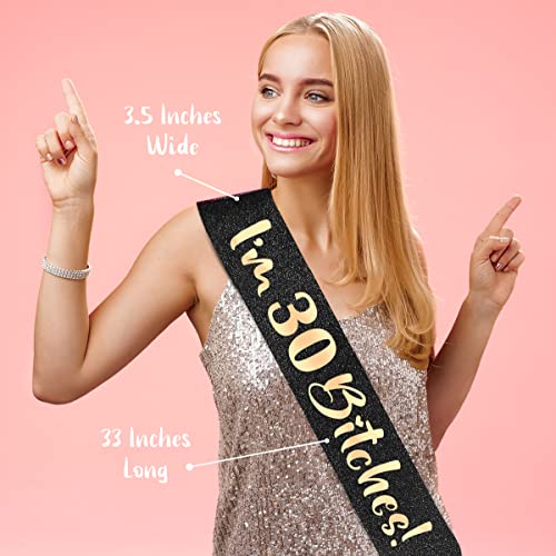 PartyForever 30th Birthday Decoration Sash for Women I'm 30 Bitches! Black 32 inch Long with Rose Gold Letters for Her