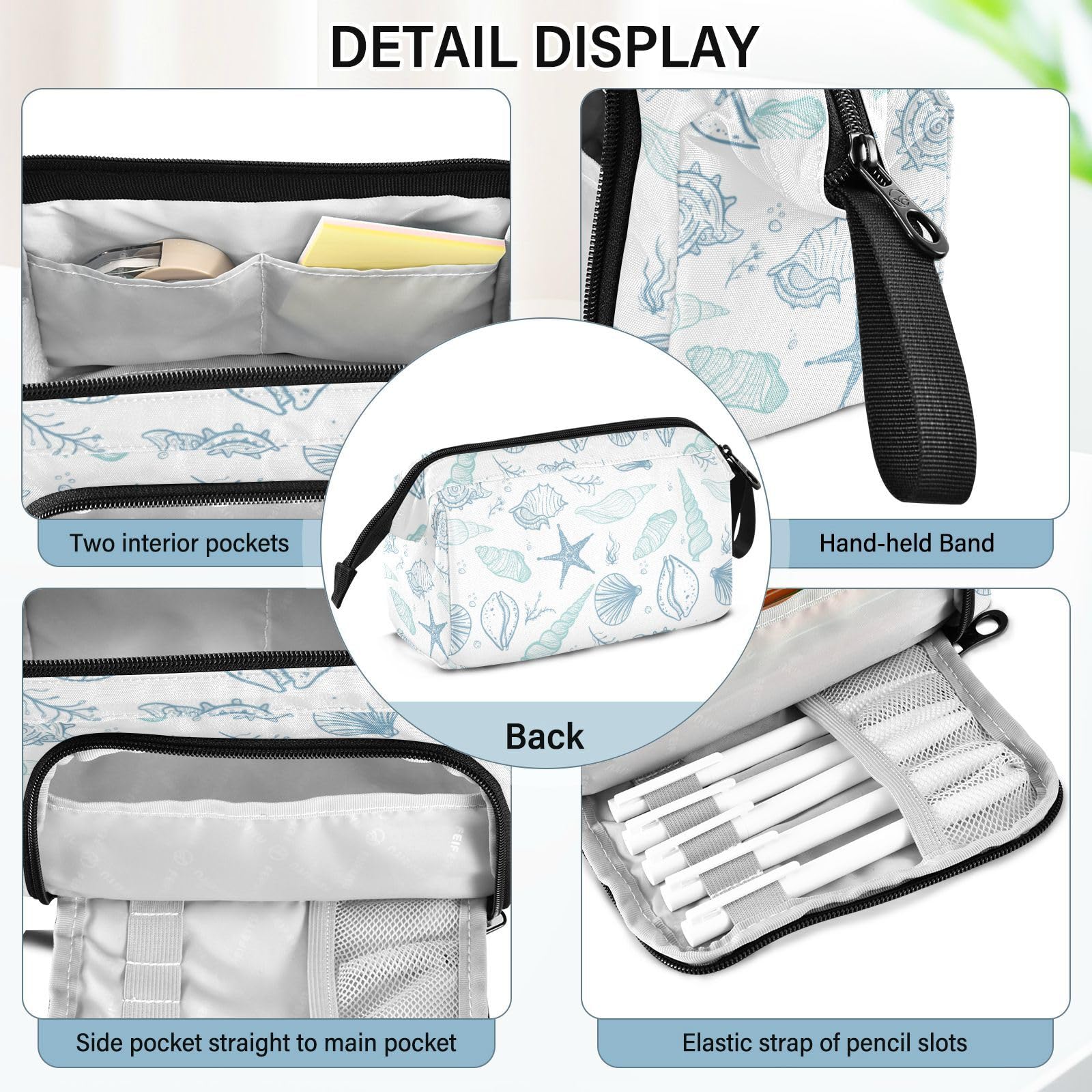 MCHIVER Seashells Starfish Seaweed Corals Pencil Case Large Capacity Pencil Pouch with Compartments Pencil Box with Zipper Pencil Case Organizer for Kids Girls Boys Adults
