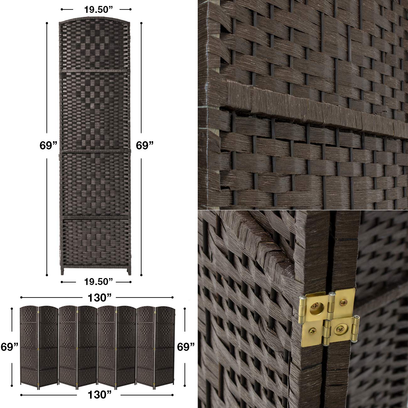 Sorbus 8 Panel Room Divider 6 ft. Tall - Privacy Screen, Extra Wide Double Hinged Panels, Diamond Double-Weaved, Partition Room Dividers and Folding Privacy Screens, Wall Divider for Room Separation
