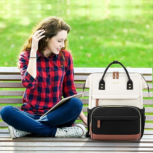 LOVEVOOK Laptop Backpack Purse for Women, Nurse Work Business Travel Backpack Bag, Wide Open Backpack, Lightweight Water Resistent Daypack with USB Charging Port, 15.6 inch, Beige-Black-Brown
