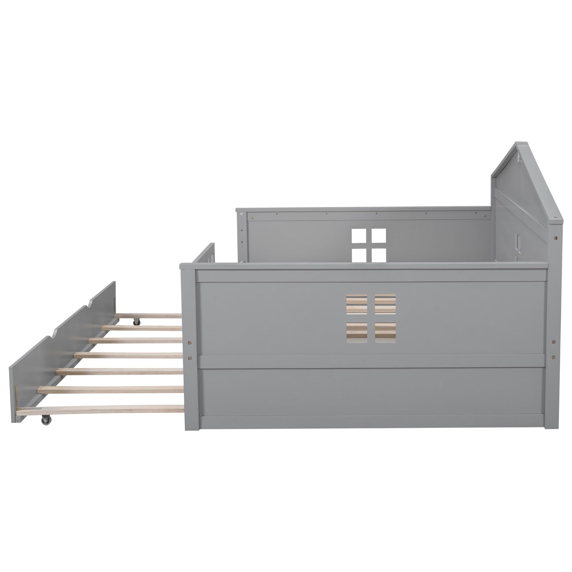 Merax Full Size Wooden Daybed with Trundle and Sensor Light, House Shaped Daybed for Kids, Boys and Girls, No Box Spring Needed, Grey