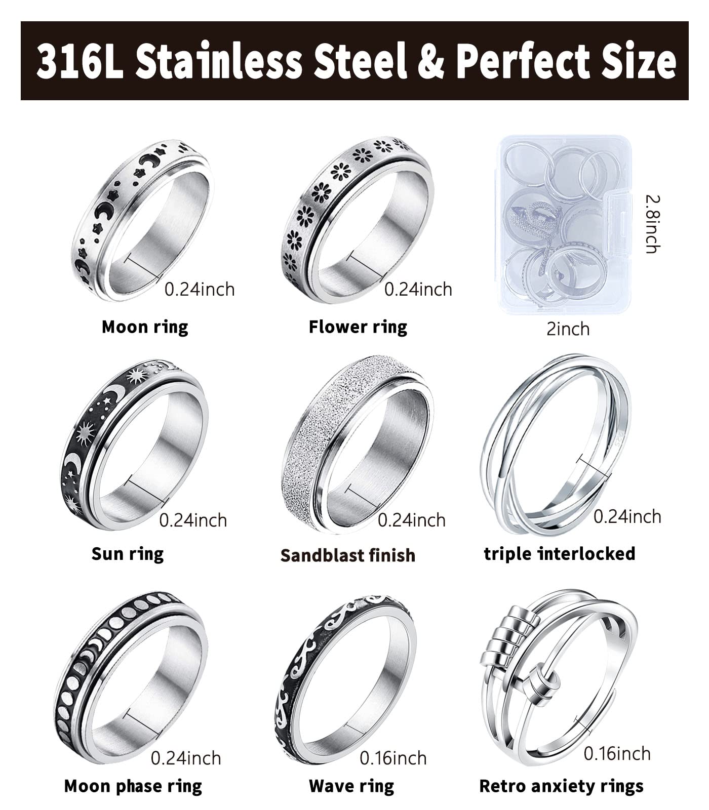 Fidget Ring Anxiety Ring for Women Stainless Steel Spinner Rings Anti Anxiety Ring Stress Relief for Teens Girls Men