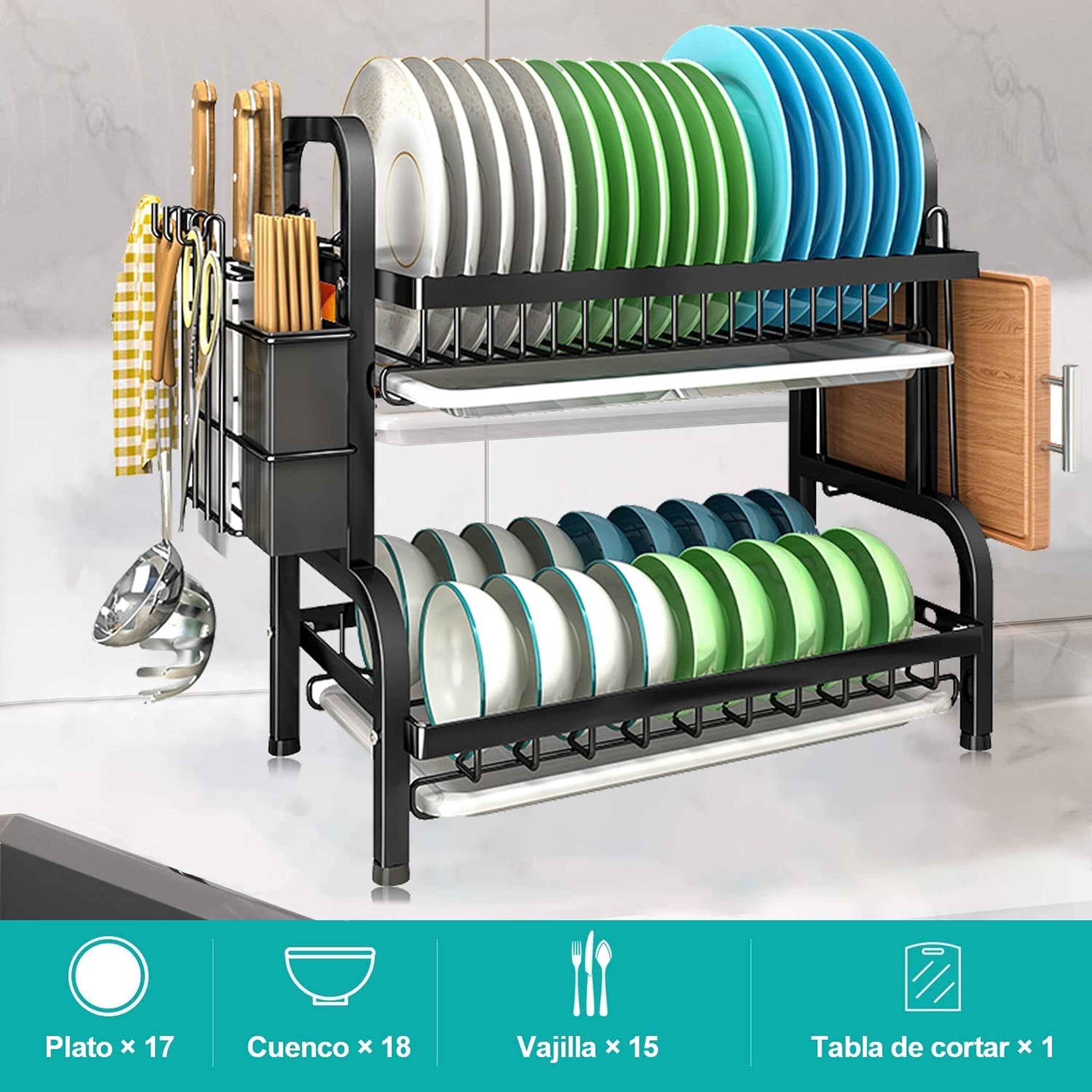 Dish Drainer, 2 Tier Stainless Steel Dish Drying Rack, Utensil Holder, Cutting Board Holder, Rust Proof Large Dish Drainer for Kitchen Counter, with Plastic Trays to Catch Drained Water