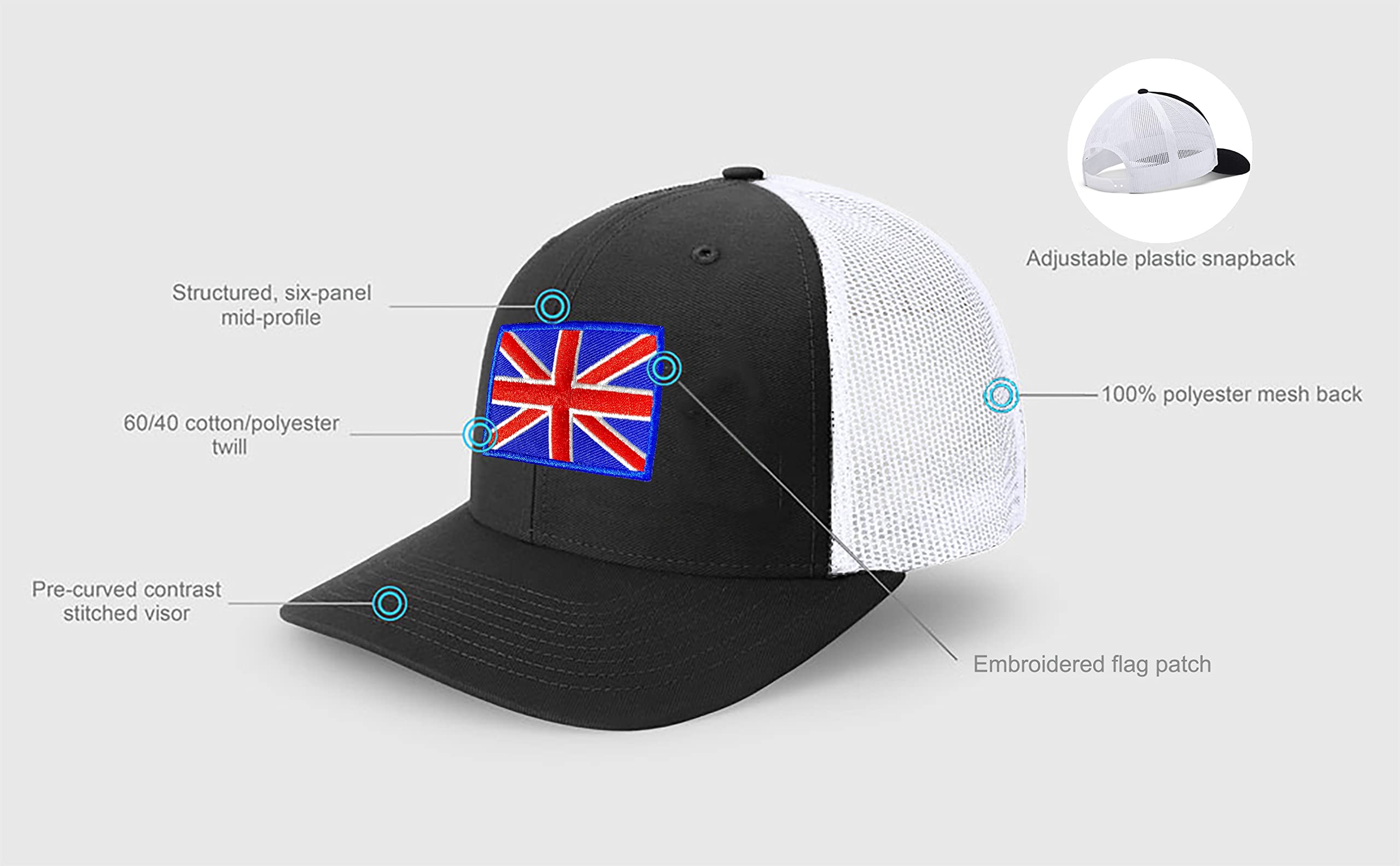 Ftxomok United Kingdom Flag Hat Embroidered English Trucker Hat with Adjustable Snapback Sports Fan Baseball Caps