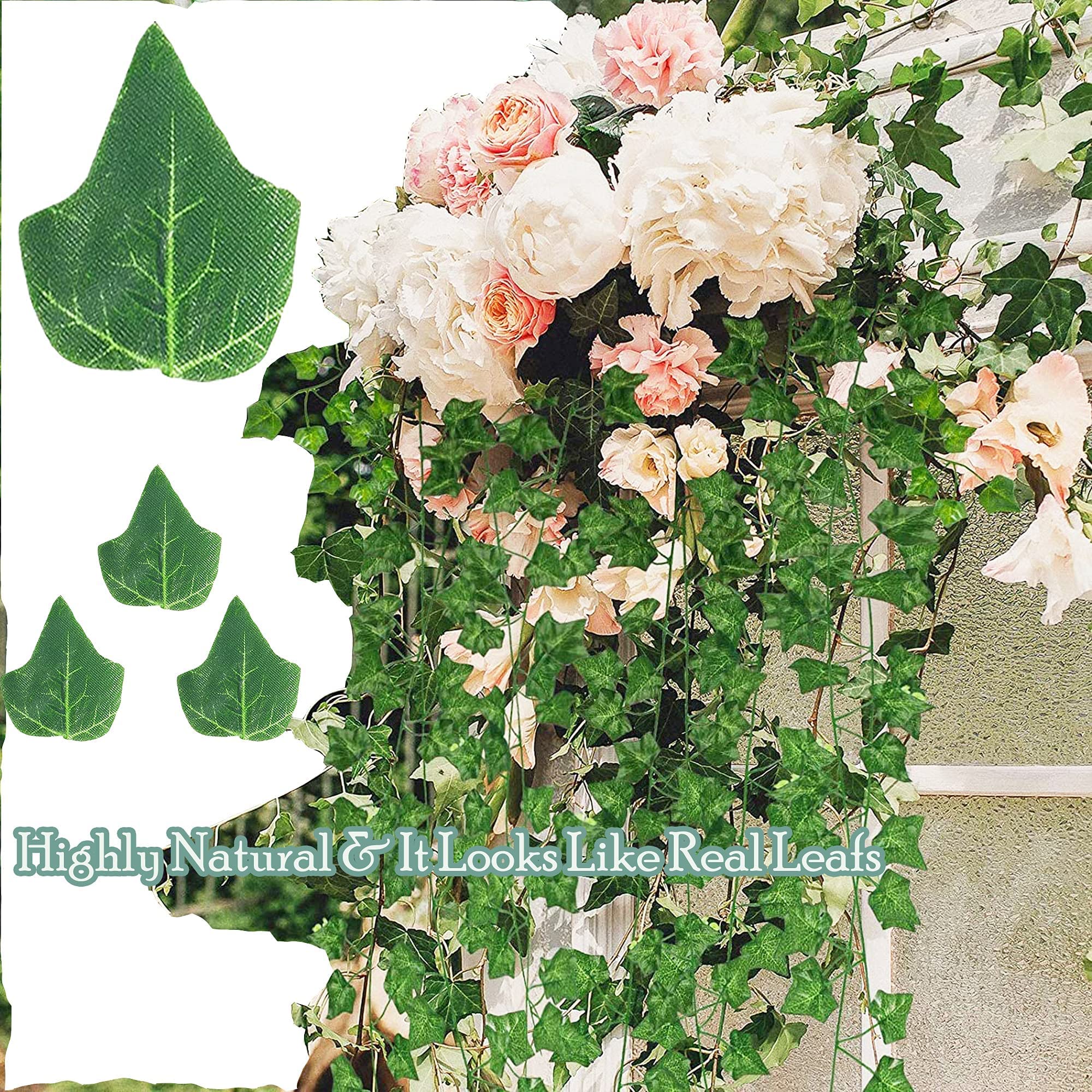 Fly Array 6.7 Ft 2 Strands of Artificial Ivy Wreath Leaf Vines, Plastic Ivy, Hanging Fake Plants, Used for Home Kitchen Garden Office Wedding Wall Decoration (Green)