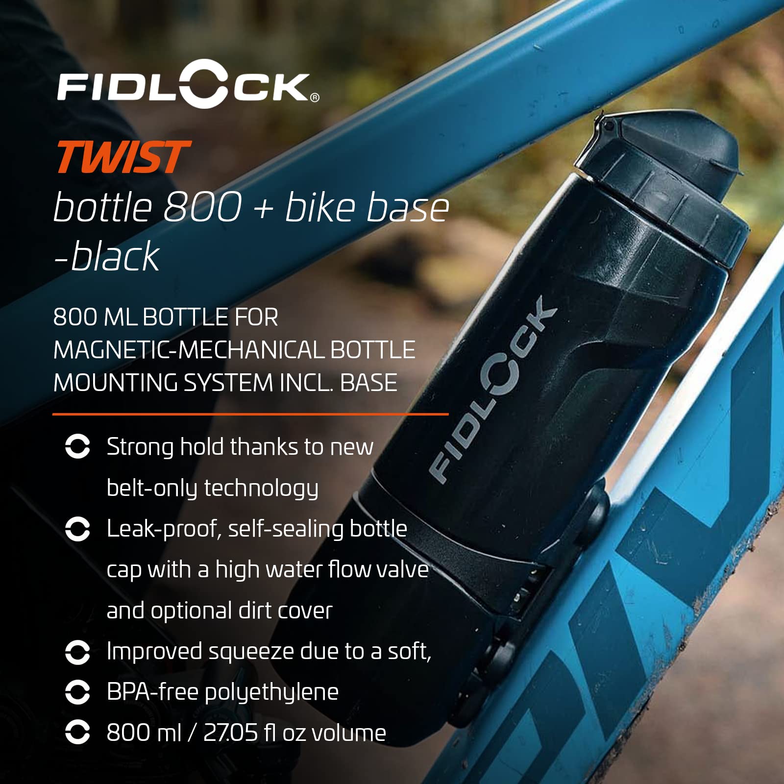 FIDLOCK Twist Bottle 800 & Bike Base Set - New Leak-Proof, Self-Sealing Bottle Cap - Bike Water Bottle Holder with No Screws & Attached Bottle - Cage Free Magnetic Rack - Black