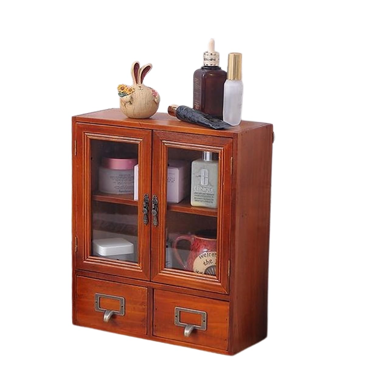RZGZKLSH Vintage Medicine Cabinet-12"x4.7"x14"Tabletop Cabinet,Countertop Dathroom Cabinet-Wood Storage Cabinets with Doors and Shelves- Floating Shelf Cabinet Organization（Brown