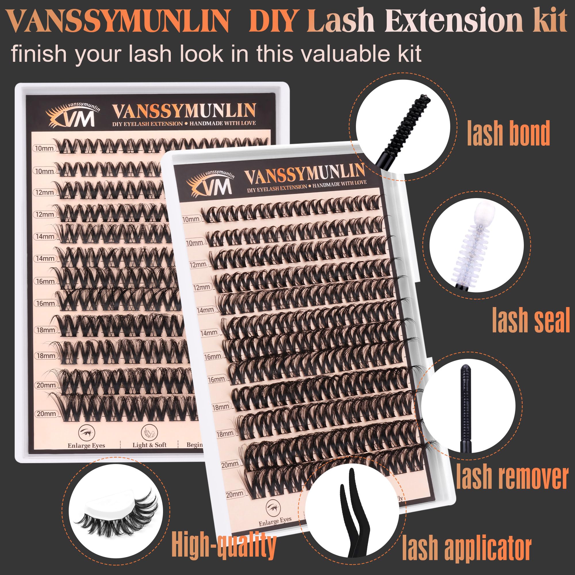 Eyelash Extension Kit Lash Clusters D Curl Lash Extension Kit Fluffy Individual Lashes Kit with Lash Bond and Seal and Applicator Lash Remover for DIY Lash Extension at home (D-10-20MM)