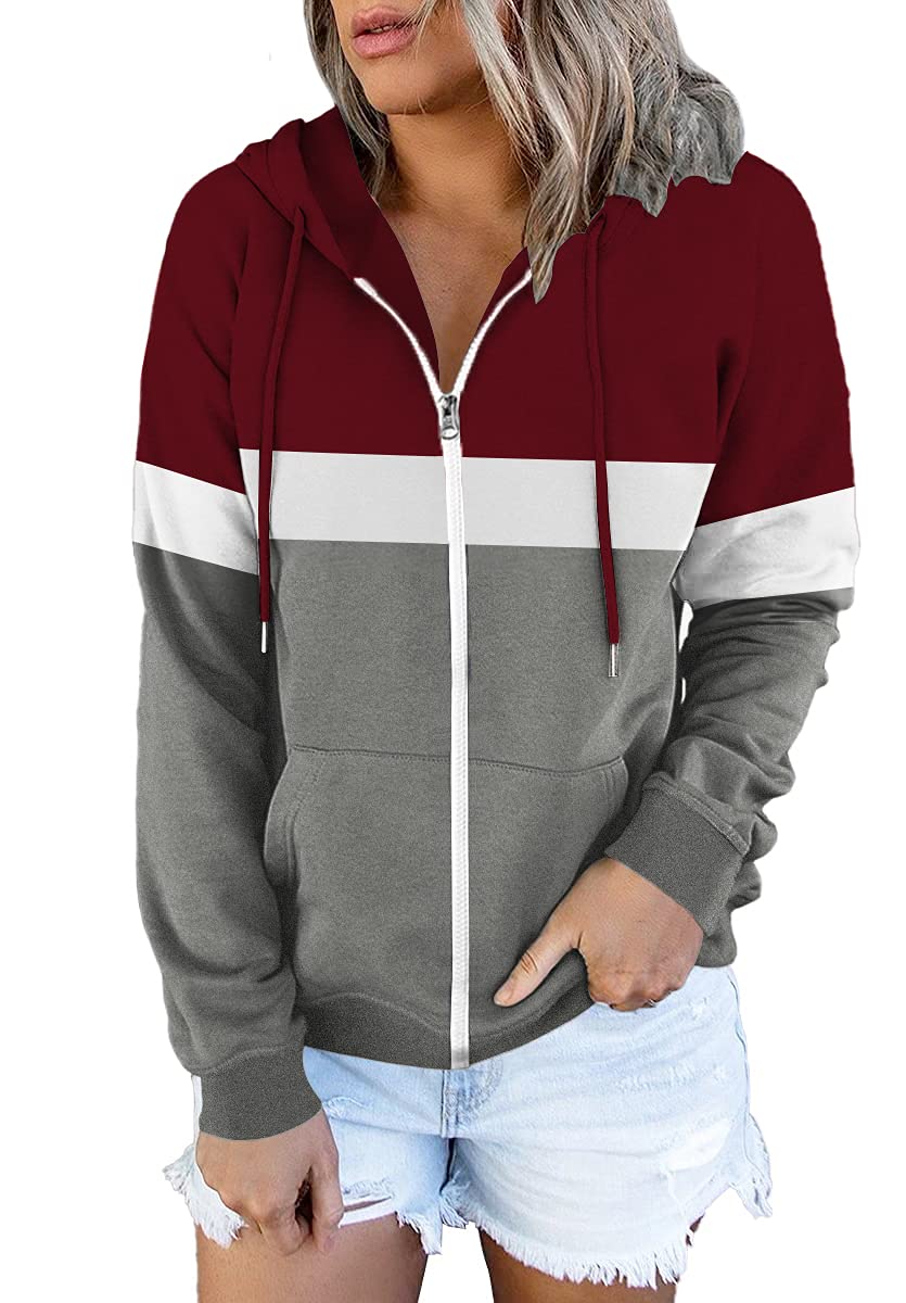ETCYY Women's Color Block Zip Up Hoodie Sweatshirt Long Sleeve Causal Drawstring Oversized Jacket with Pockets