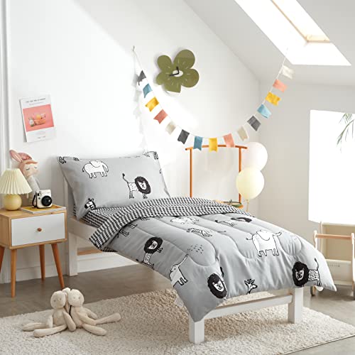 Flysheep 4 Piece Gray Grey Toddler Bedding Set with Multi Animals Printed for Baby Boys - Includes Quilted Comforter, Flat Sheet, Fitted Sheet & Pillow Case, Soft & Comfortable Microfiber