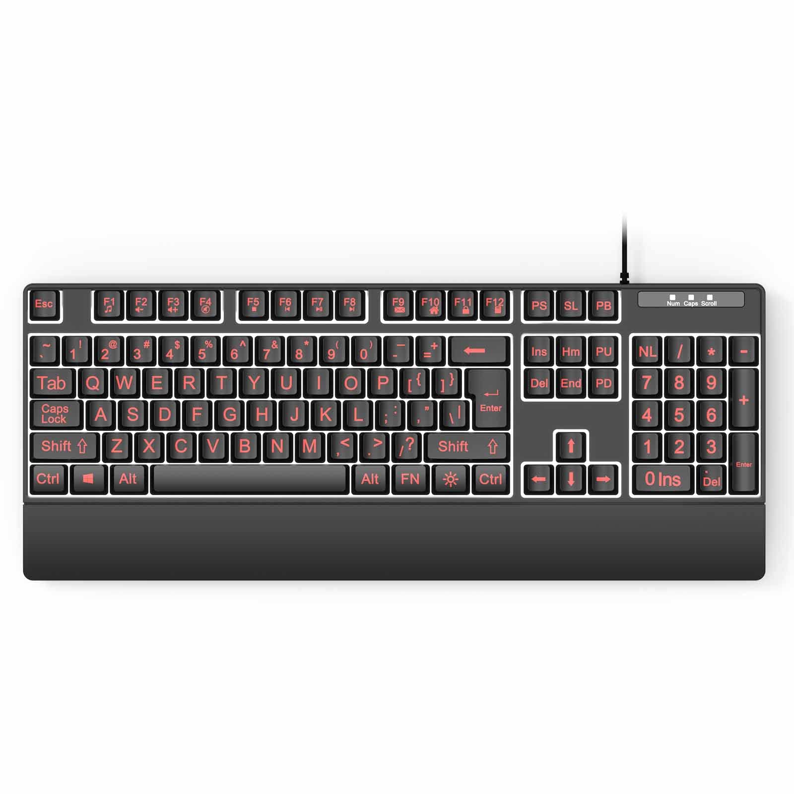 Large Print Keyboard Backlit, Wired USB High Contrast Keyboard, Full Size Large Font Print Keyboard with White Illuminated LED Compatible for Kids Elderly or Visually Impaired