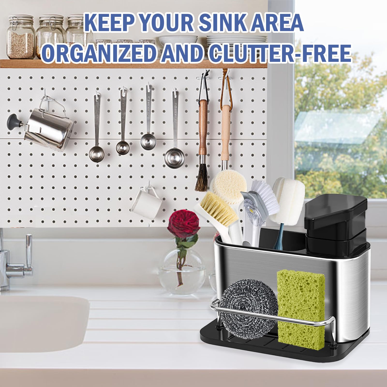 Dish Soap Dispenser for Kitchen Sink, 3 in 1 Kitchen Sink Caddy with Sponge Holder, Stainless Steel Kitchen Sink Organizer with Soap Dispenser