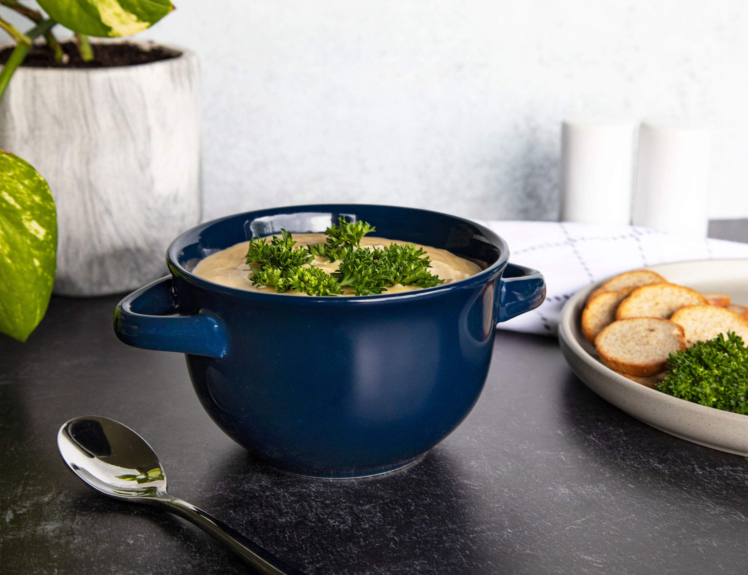 Soup Bowls, French Onion Soup Bowls, by Kook, Soup Crocks, Oven Safe Bowls, Soup Mugs, Ceramic Bowls, Dishwasher, Microwave, Set of 4, 18 oz (Blue)
