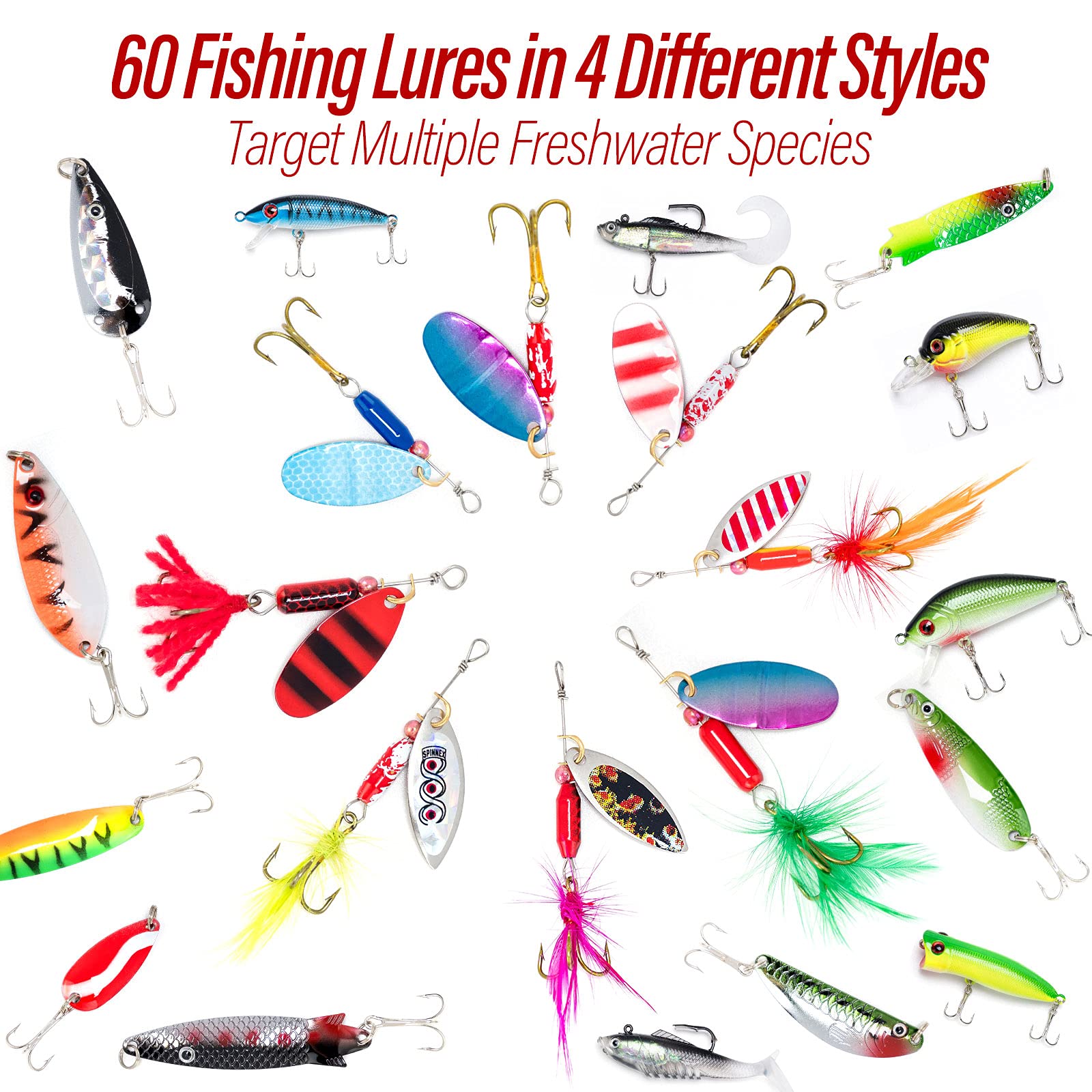 Dr.Fish 60 Pieces Fishing Lures Kit, 5 Tackle Box with Tackle Included, Fishing Spinner Lure Set Rooster Tail Lures Kits Trout Lures Freshwater Crappie Bass Walleye Bait Assorted