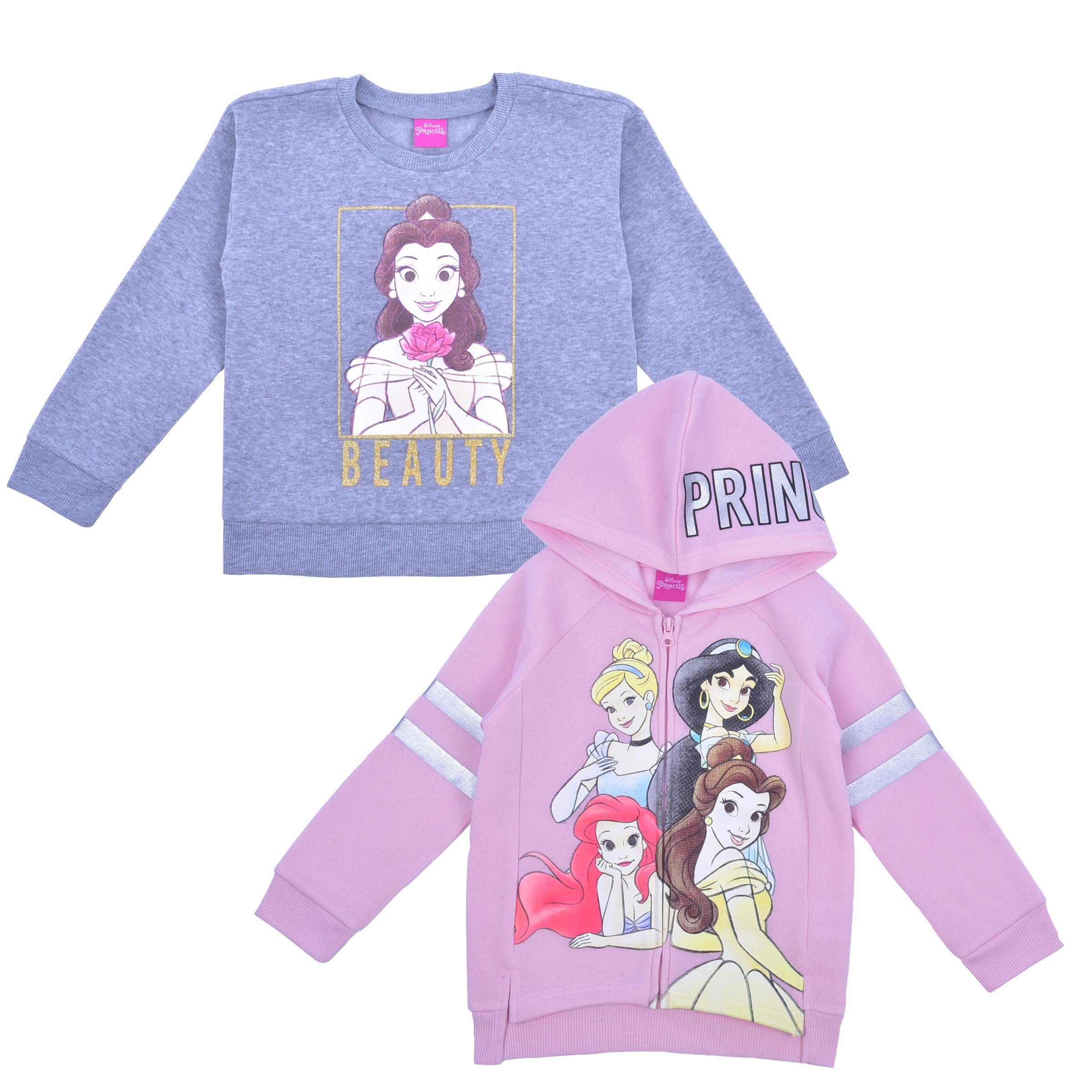 Disney Princess Girlās 2 Piece Zip Up Hoodie, and Long Sleeve Shirt Set for Toddler and Little Kids