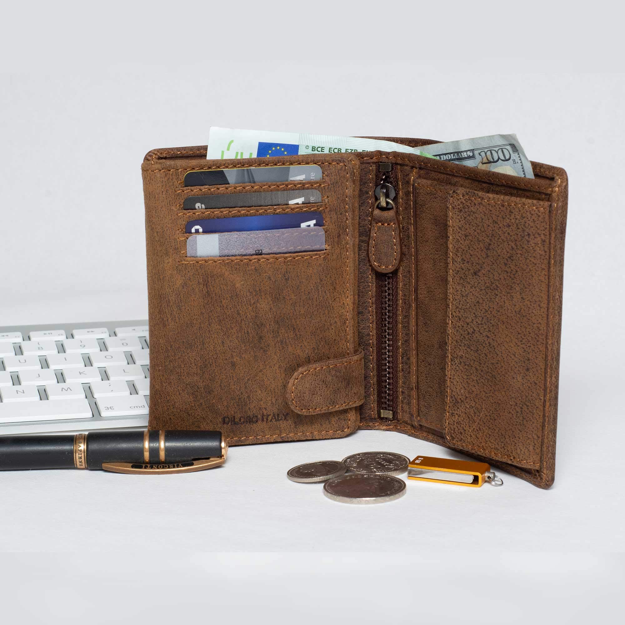 DiLoro Mens Wallet RFID Blocking Genuine Full Grain Leather Bifold Wallet with Flip ID Coin and Secure Zip Compartment Extra Large (Dark Hunter Brown)