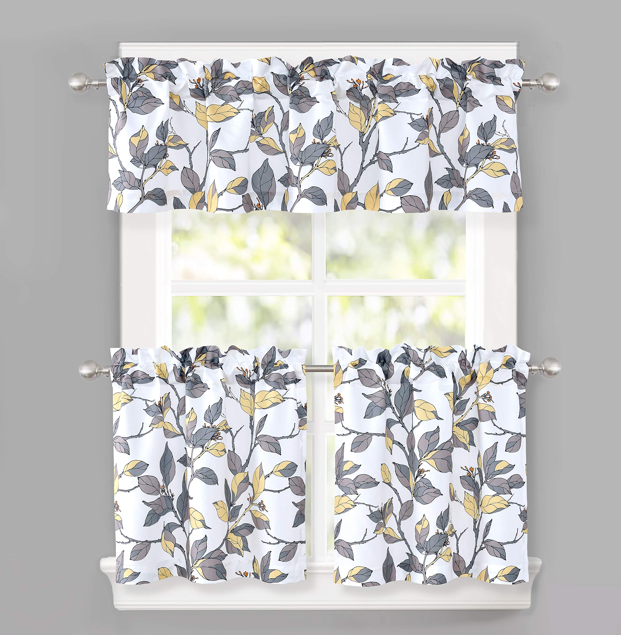 DriftAway 3 Piece Kitchen Curtains with Valance and Tier Sets Yellow Floral Branch Farmhouse Light Filtering 24 Inch Kitchen Window Curtains Over Sink for Bathroom Living Room