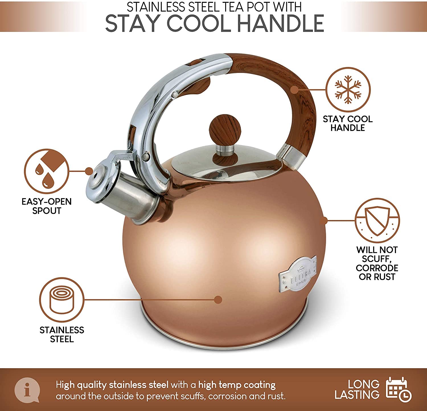 ELITRA HOME Stove Top Whistling Fancy Tea Kettle Stainless Steel Tea Pot with Ergonomic Handle 2.7 Quart / 2.6 Liter BLACK