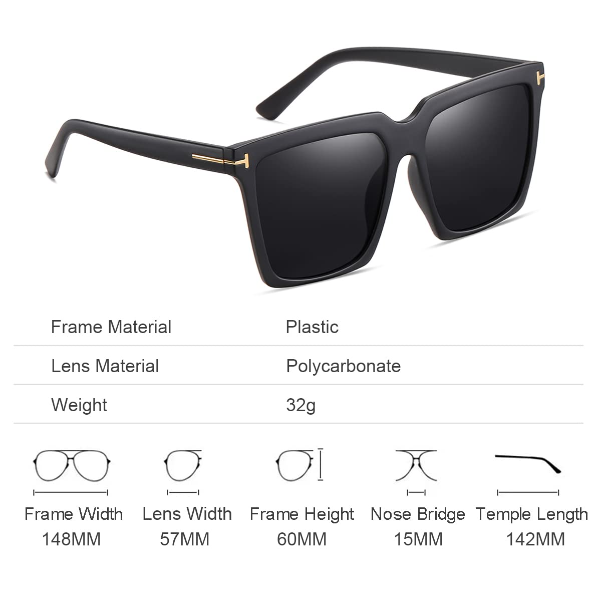 Gleyemor Trendy Large Square Sunglasses for Women Men Fashion Oversized Frame Shades UV400 Protection (Black/Grey)