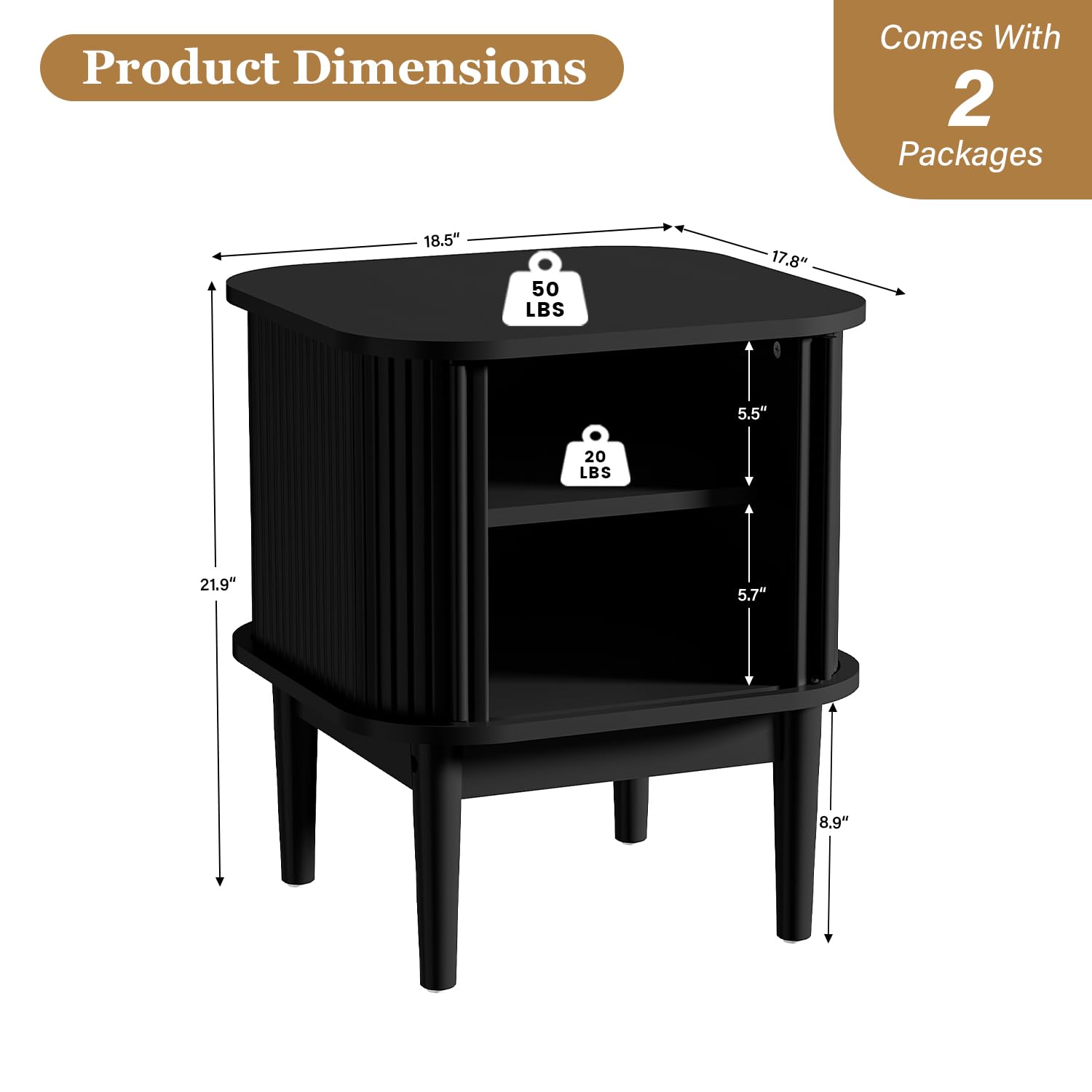 ORGANSANDS Sliding Door Tambour Nightstand Set of 2, Black Storage End Table with Curved Edge Design, Small Bedside Table Compact Sofa Side Table for Bedroom, Hallway, Small Space