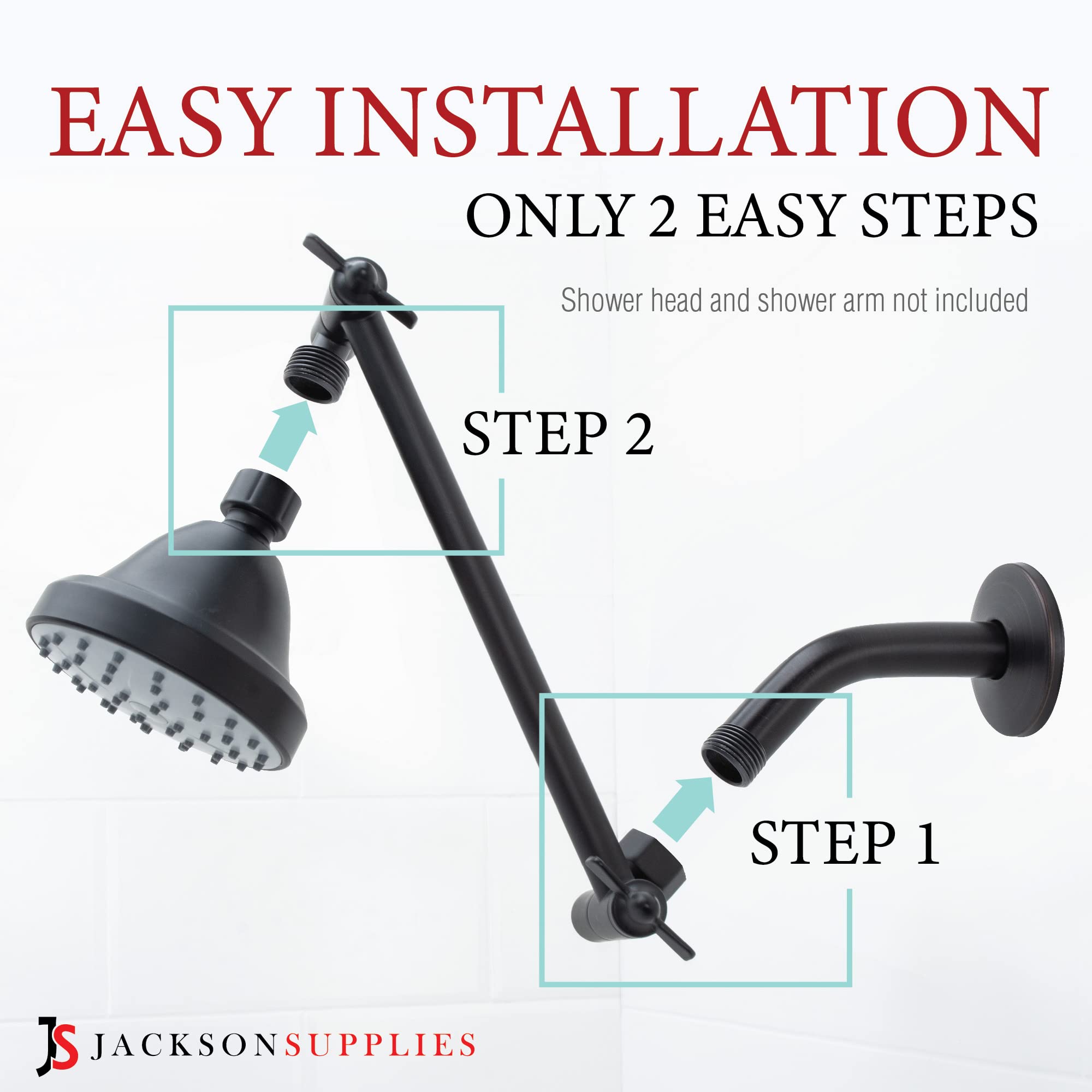 Shower Head Extension Arm by JS Jackson Supplies, Adjustable 10 Inch Showerhead Extender, Solid Brass Construction, Universal Tall Hi-lo Pipe Height Extending (Black Finish)