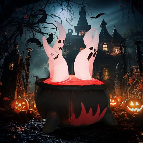 Outsunny 4ft Halloween Inflatables Outdoor Decrations White Ghosts in Red Cauldron, Blow Up LED Yard Decor for Garden, Lawn, Party, Holiday