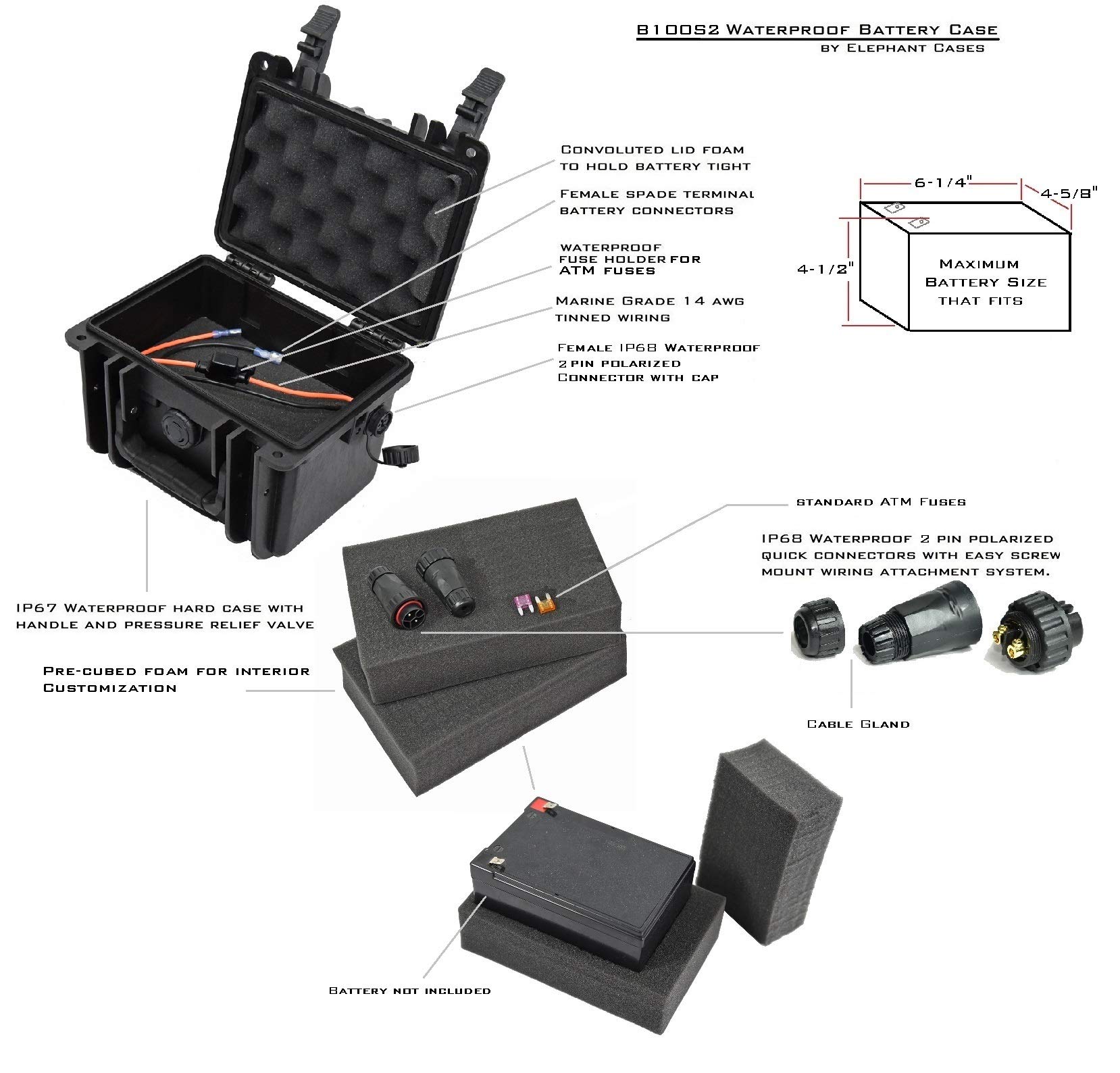 Elephant B100S2 Kayak Battery Box Waterproof Battery Enclosure for Powering GPS, Fish Finders, Led Lights, Aerator Pump (2 pin Single)