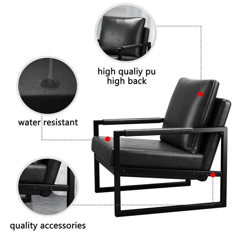Dvasovio Leather Accent Chair Mid-Century Modern Upholstered Armchair with Metal Frame Extra-Thick Padded Backrest for Office Bedroom Living Room Chair, Black