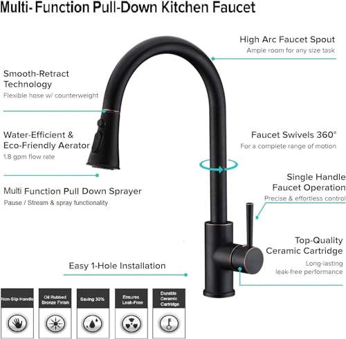 Kitchen Faucet with Deck Plate, Single Handle Solid Brass, Pull Out Sprayer Kitchen Sink Faucet Oil Rubbed Bronze, High Arc Pull Down Kitchen Faucet