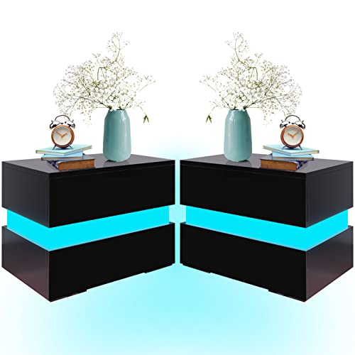 LED Nightstand Set of 2 with 2 Storage Drawers, Modern High Gloss Bedside Table with Led Lights, End Table for Bedroom Furniture(Black,2
