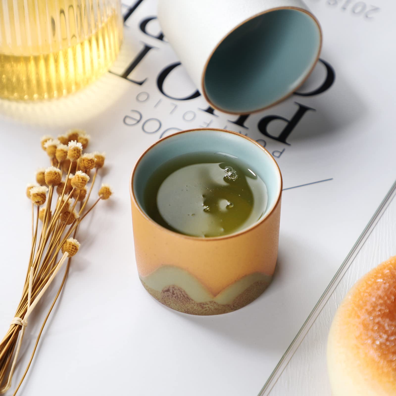 Evannt Ceramic Tea Cups Chinese Tea Cup Set of 3 Small Japanese Tea Cups Porcelain Sake Cup Kung Fu Tea Set Retro Style (Style 1#)