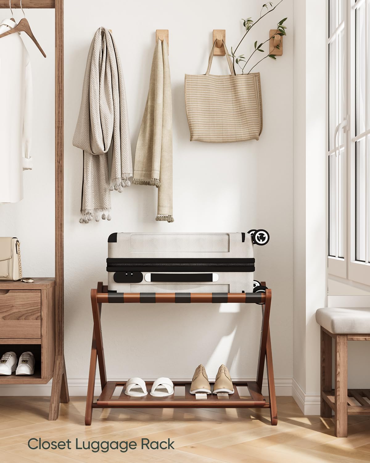 Smart FENDEE Fully Assembled Walnut Luggage Rack with Storage Shelf, Folding Suitcase Stand with 5 Heavy-Duty Straps, Large Wooden Luggage Holders for Guest Room Must Haves, Ideal for Bedroom, Hotel