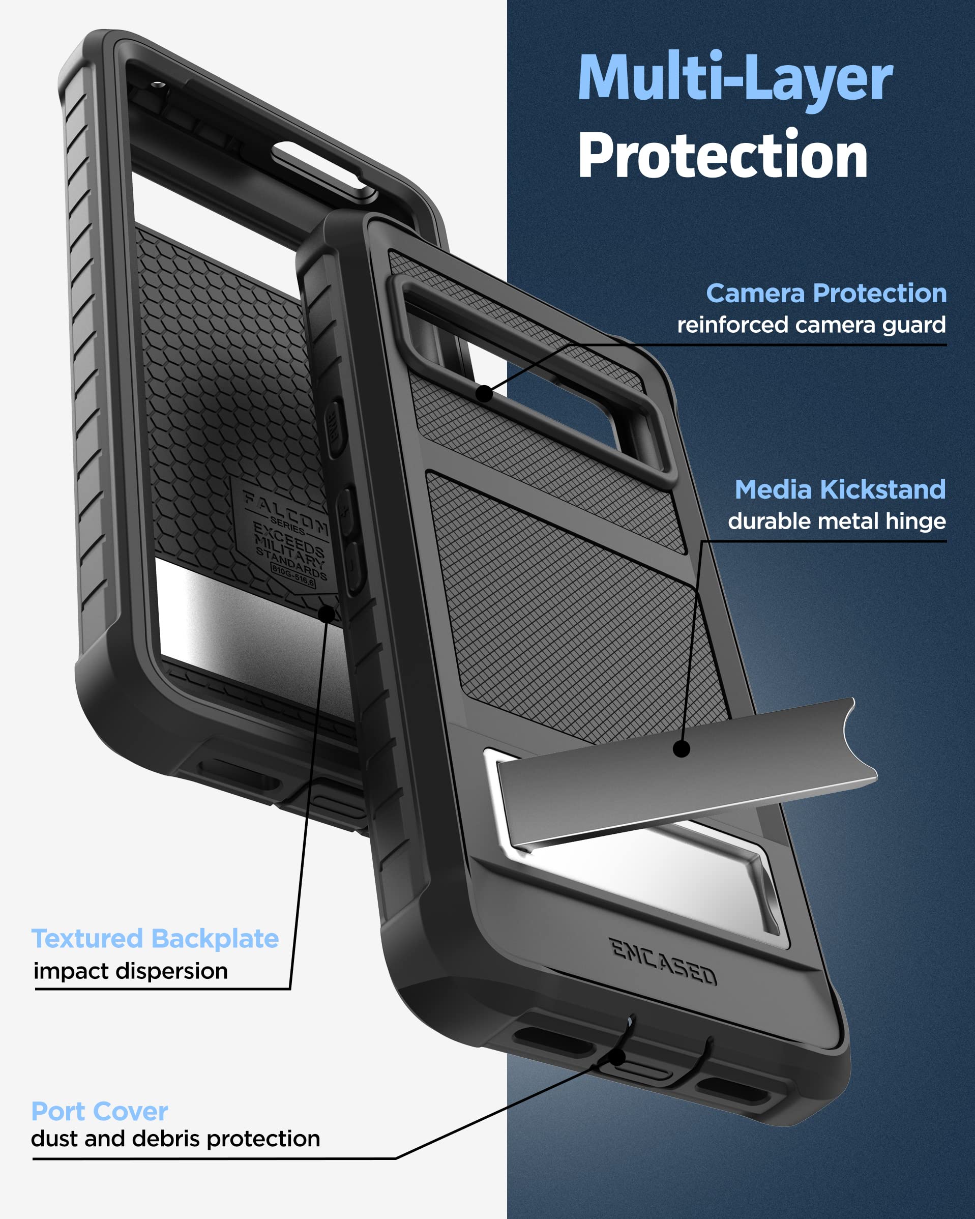 Encased Belt Case Designed for Google Pixel 7 PRO with Holster Clip and Kickstand [Ultra Protective] Full-Body Case with Metal Stand (Black)