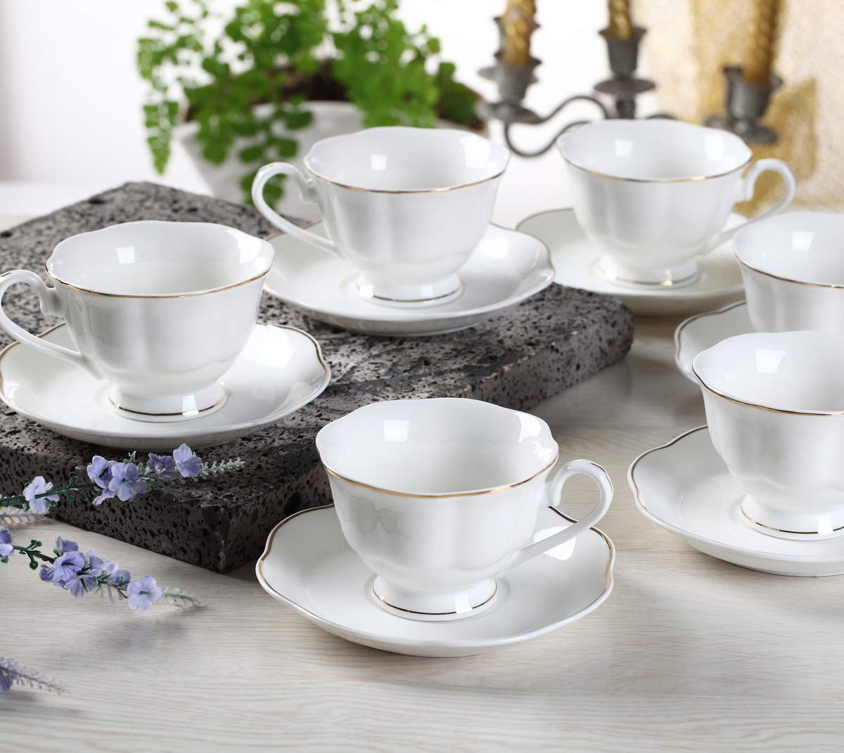 GuangYang 12 PCS White Tea Set-Fine Porcelain Tea Cup and Saucer set of 6 with Gold Line Handle for Tea Party