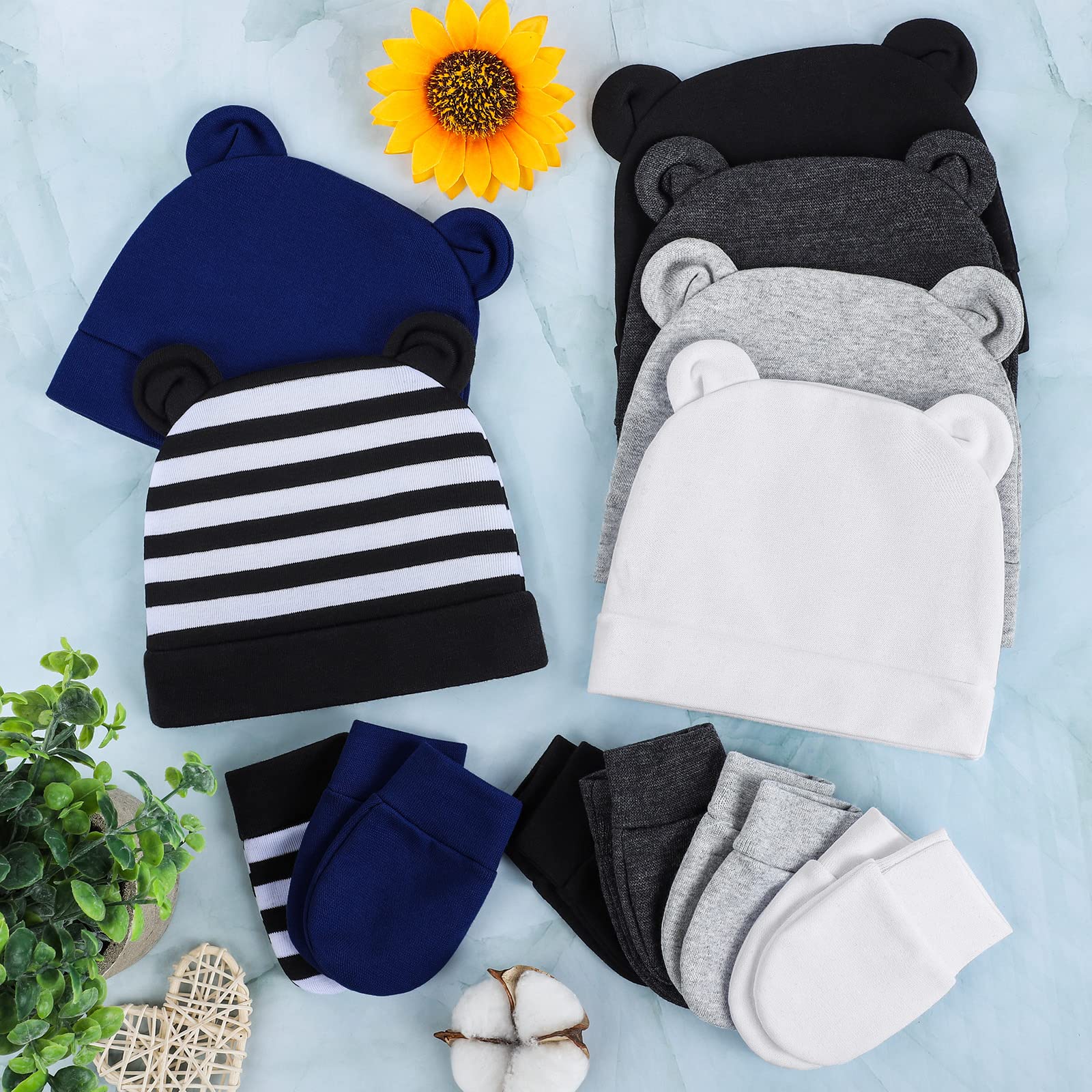 URATOT 6 Sets Newborn Baby Hats Mittens Sets Unisex Cotton Bear Ears Infant Caps Beanie Hat No Scratch Mittens for 0-3 Months