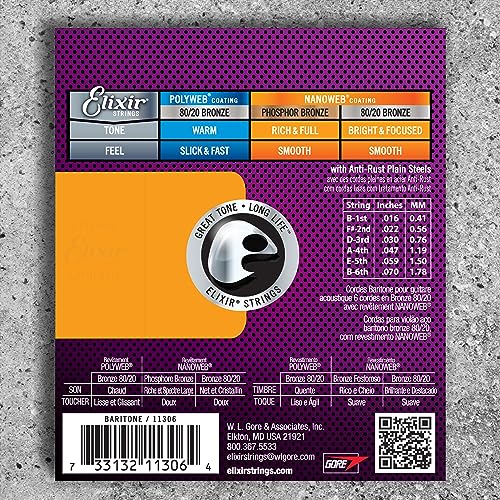 Elixir Strings, Acoustic Guitar Strings, 80/20 Bronze with NANOWEB Coating, Longest-Lasting Bright and Focused Tone with Comfortable Feel, 6 String Set, Baritone 16 - 70